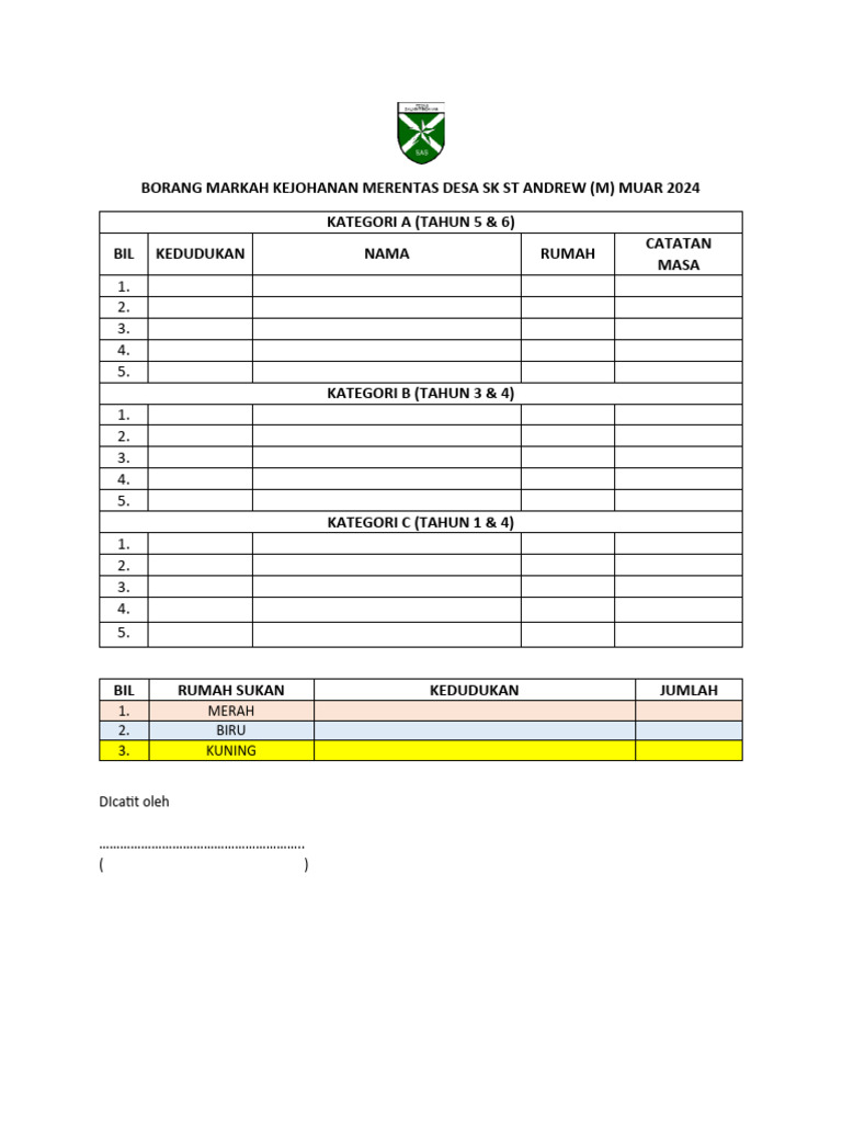 Borang Markah Kejohanan Merentas Desa SK ST Andrew 2024 | PDF
