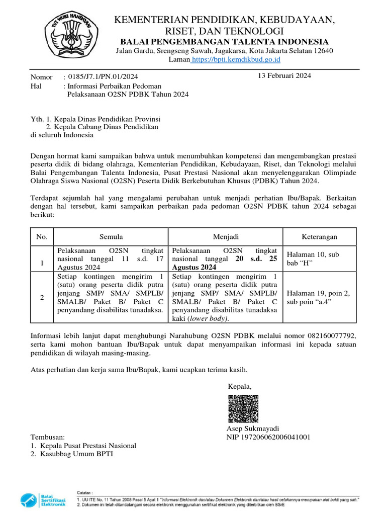 Surat Informasi Perbaikan Pedoman O2sn PDBK Tahun 2024 | PDF