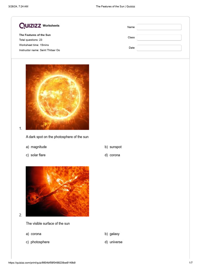 The Features of The Sun Quizizz | PDF | Sun | Solar Flare