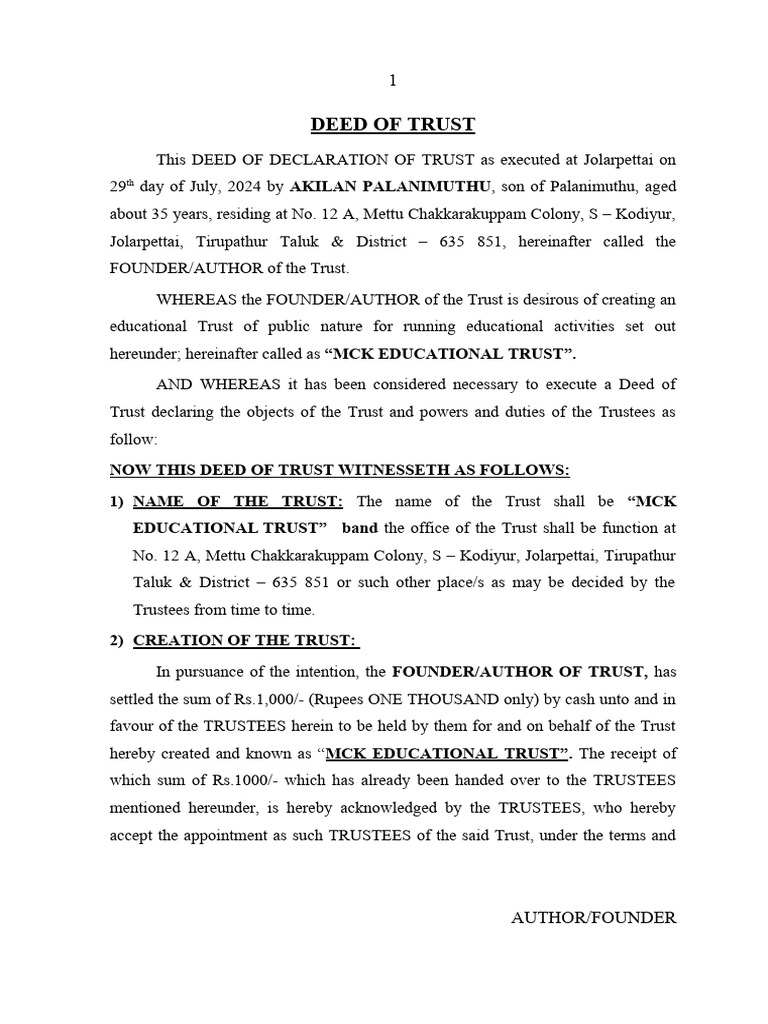MCK Educational Trust - Deed | PDF | Indemnity | Board Of Directors