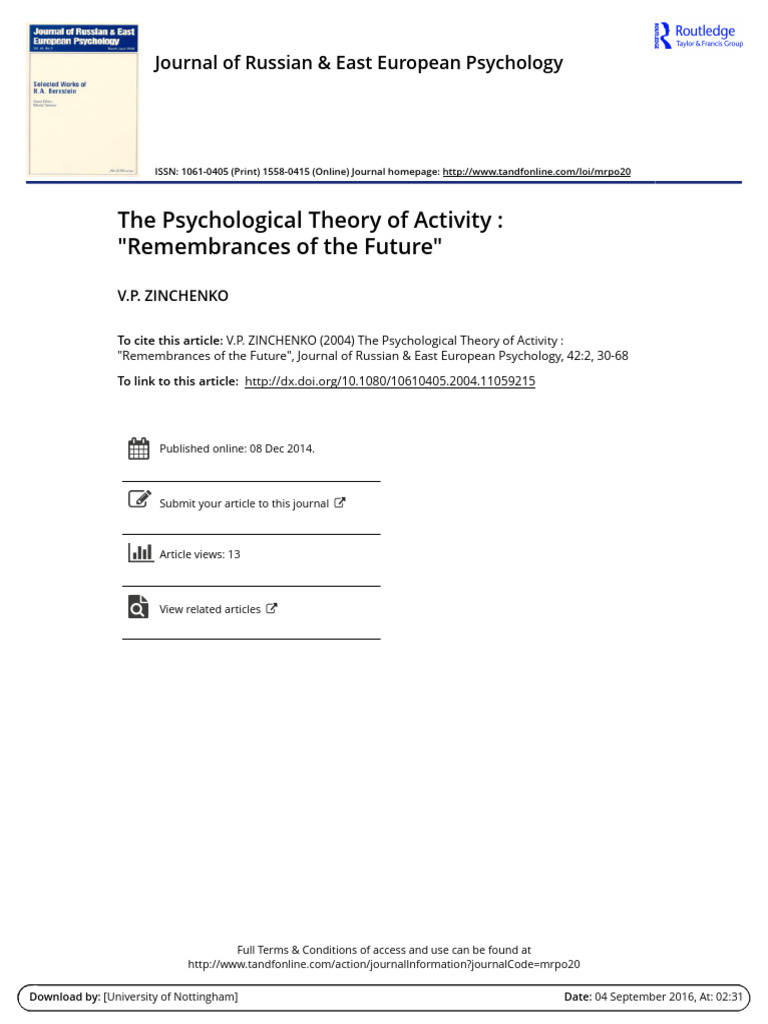 The Psychological Theory of Activity - V. P. Zinchenko | PDF | Psychology | Marxism