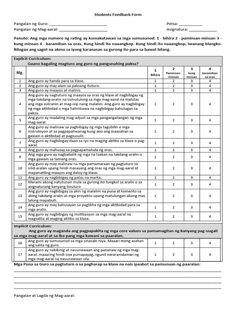 Student Evaluation Form and Parent-Gardian Evaluation Tool | PDF Student Evaluation Form and Parent-Gardian Evaluation Tool | PDF