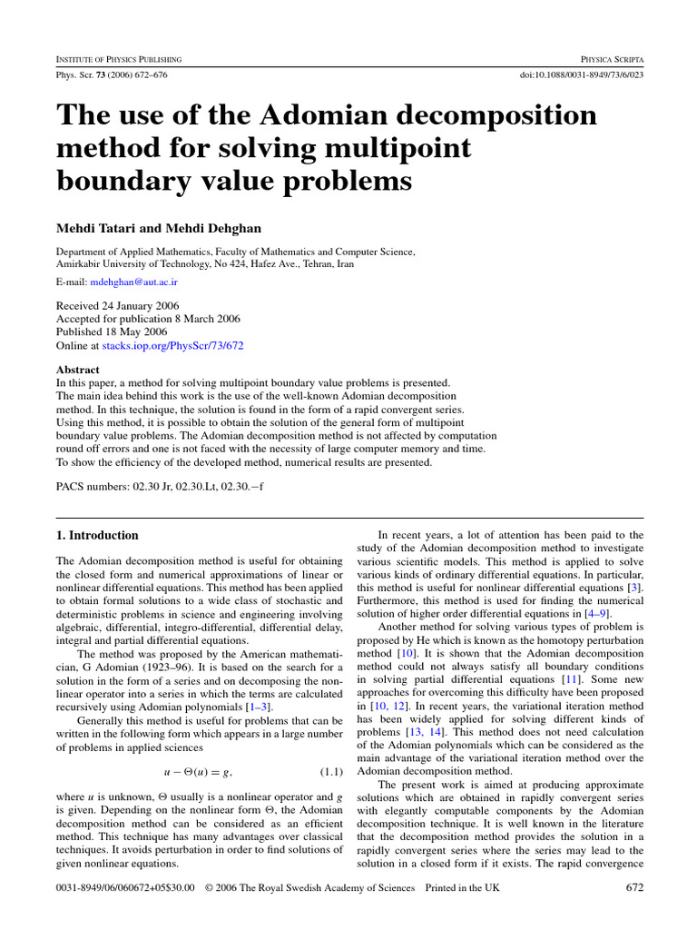 The Use Of The Adomian Decomposition Method For Solving Multipoint Boundary Value Problems Pdf