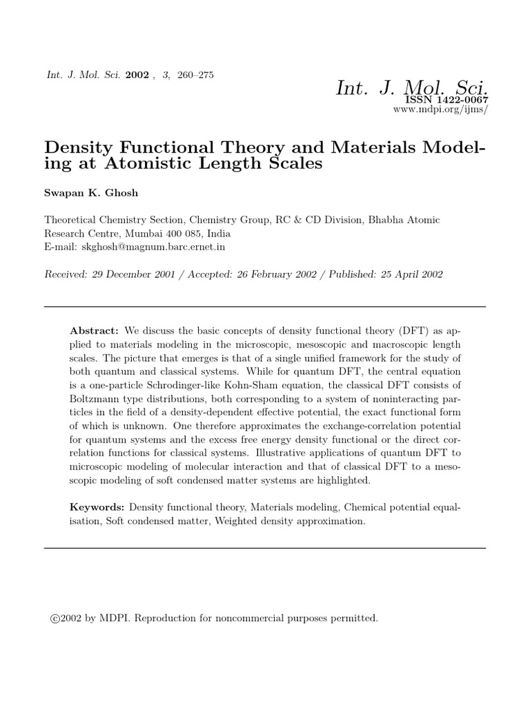 Density Functional Theory and Materials Model-Ing at Atomistic Length Scales | PDF | Density ...