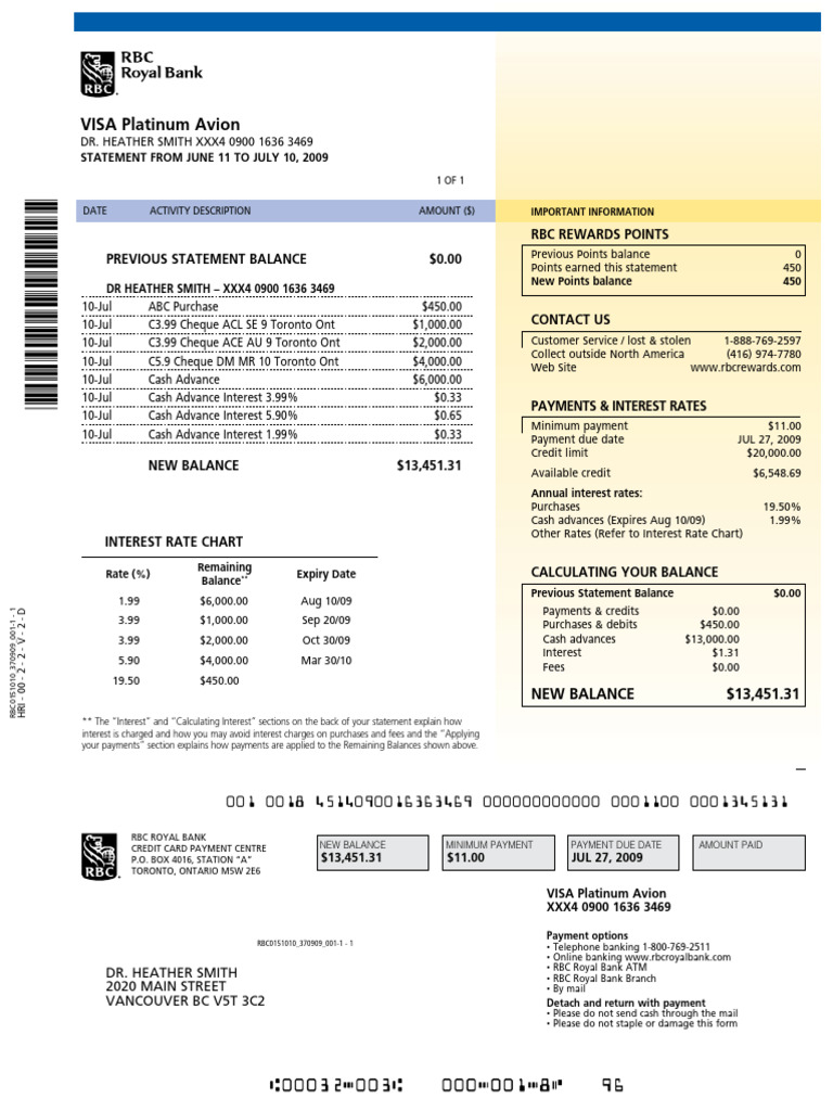 RBC Visa Platinum Avion Statement Summary | PDF | Credit Card | Payments