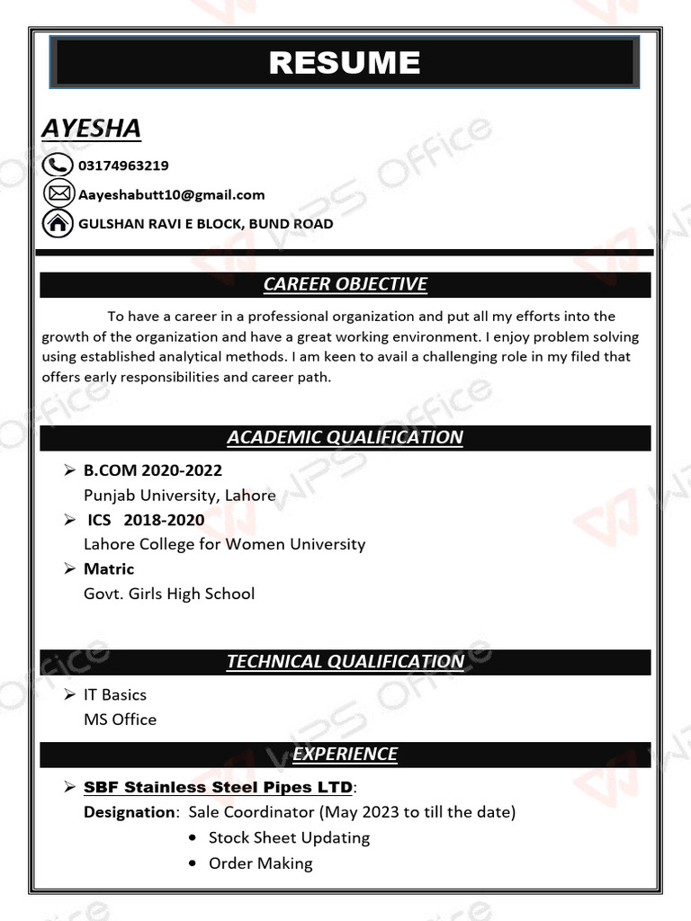 Ayesha CV | PDF