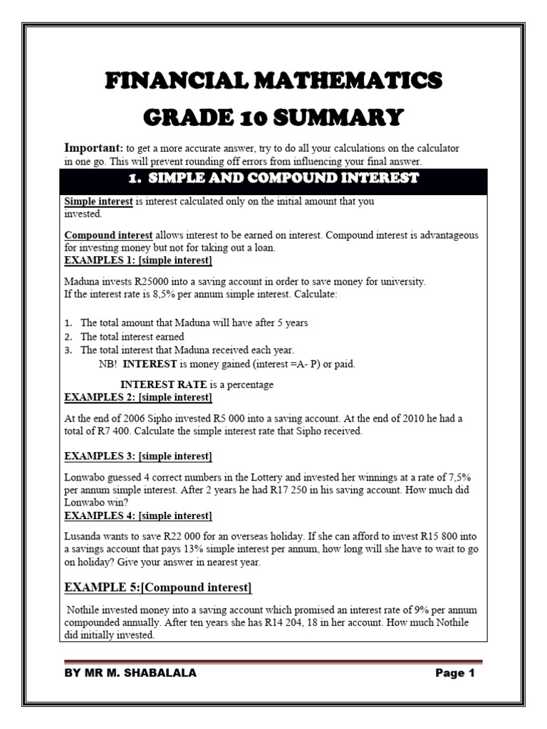 Grade 10 Financial Mathematics Guide | PDF | Interest | Compound Interest