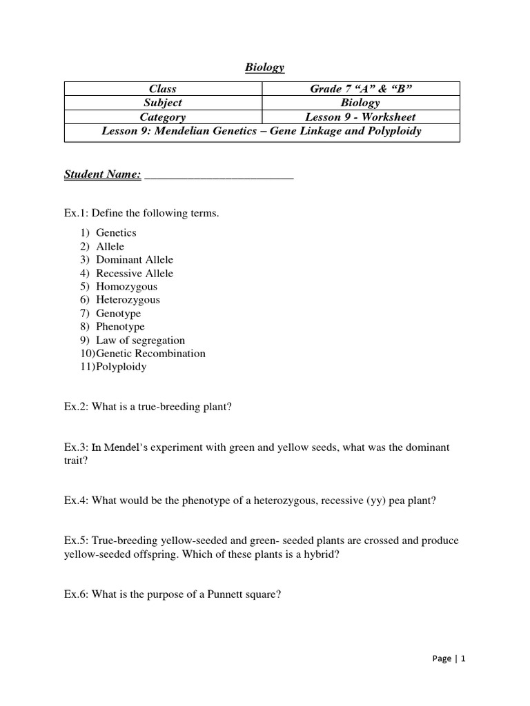 Lesson 9 - Worksheet PDF | PDF | Dominance (Genetics) | Genotype