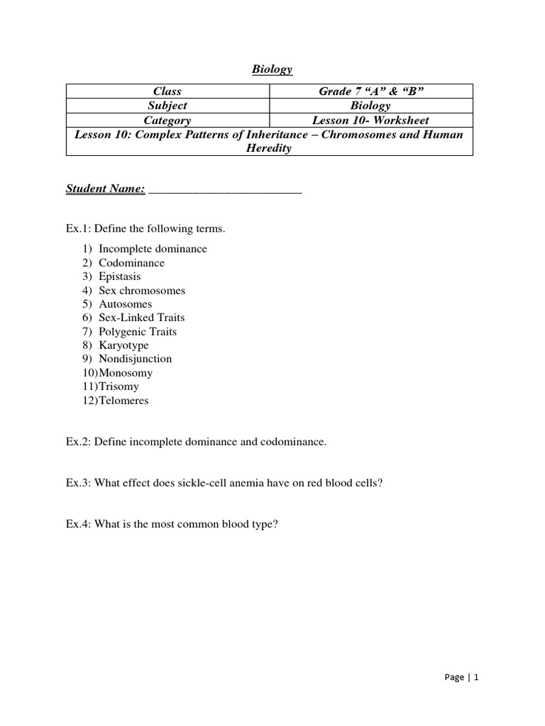Complex Patterns of Inheritance Worksheet | PDF | Dominance (Genetics ...