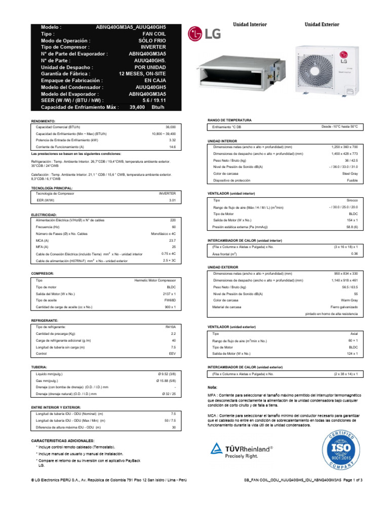 Ficha Técnica Fan Coil LG 36,000 Btu/h | PDF | Electrodoméstico | Ingeniería Termodinámica