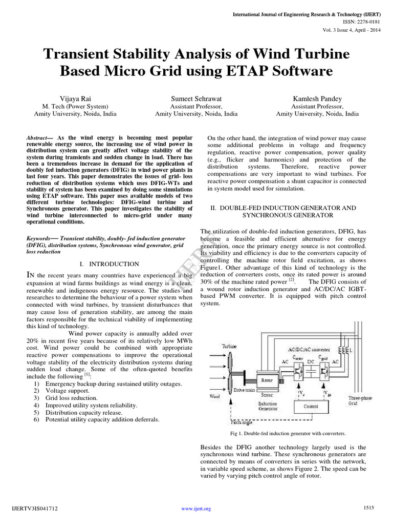 Transient Stability Analysis of Wind Turbine Based Micro Grid Using Etap Software ...