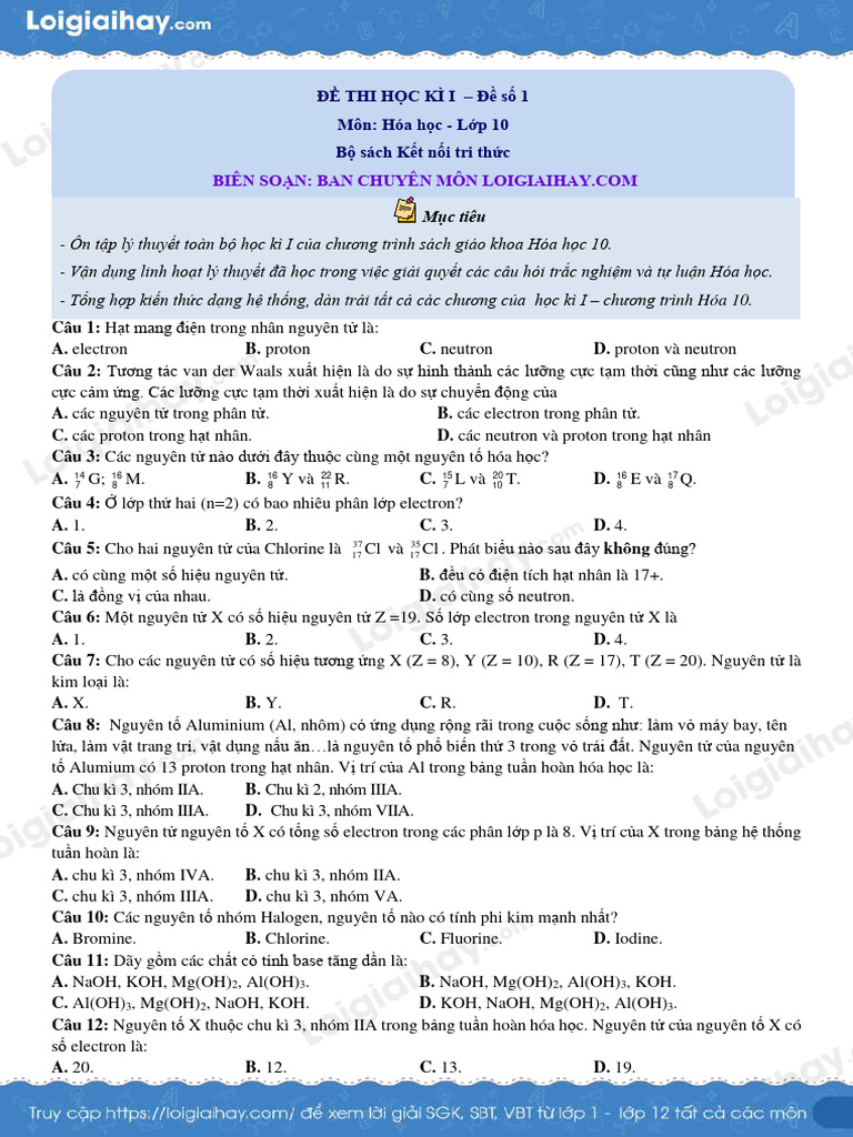 De Thi Hoc Ki 1 Hoa 10 Ket Noi Tri Thuc de So 1 1700724113 | PDF