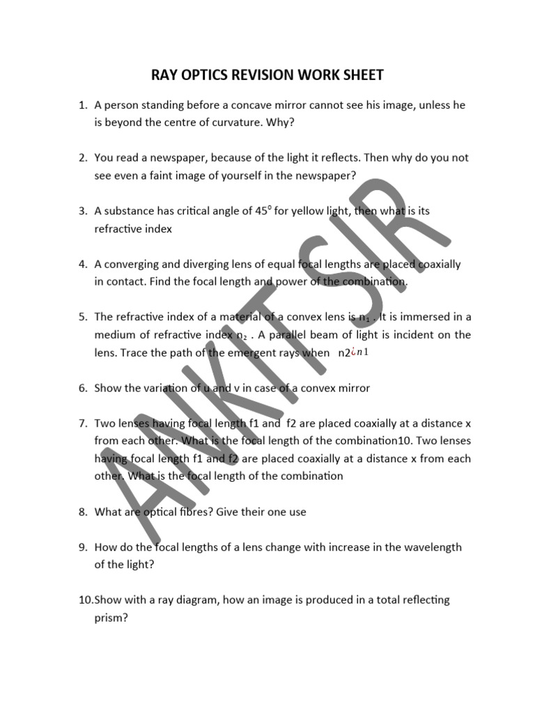 optics worksheet | PDF | Optics | Electromagnetic Radiation