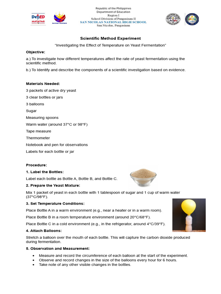 Performance Task #1 - Scientific Method (Yeast Fermentation) - Ste 7 ...