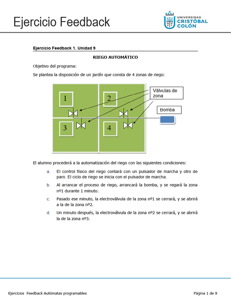Ejercicio Feedback 1. Unidad 9 Riego Automático | PDF | Bomba | Automatización