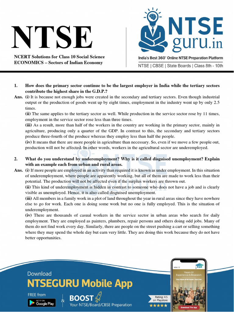 X - SST Economics NCERT Sol Chapter - 2 | PDF | Underemployment | Employment