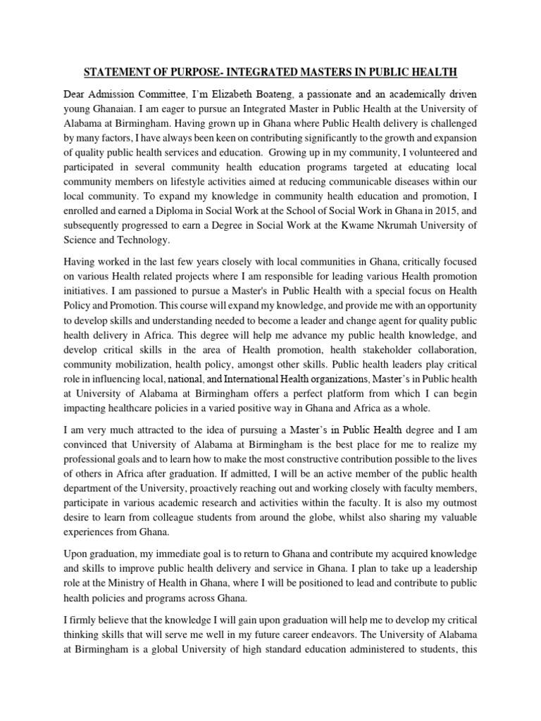 Sample Statement of Purpose | PDF | Public Health | University