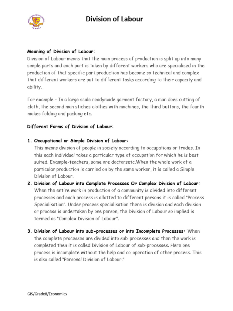 Division of Labour Notes | PDF | Division Of Labour | Labour Economics