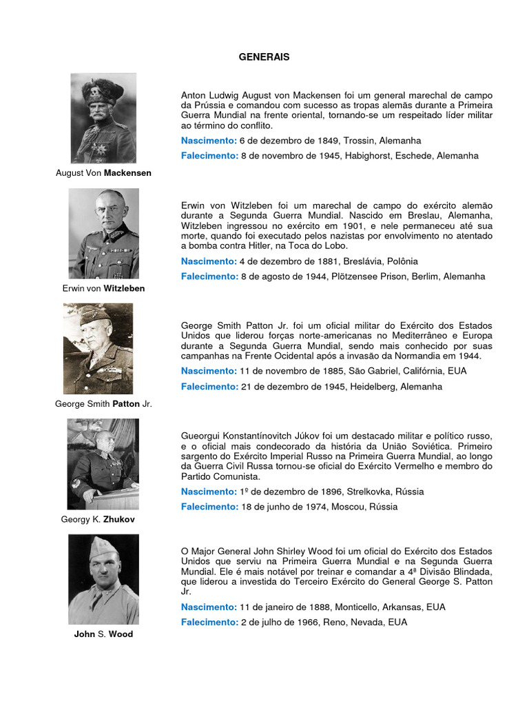 Generais Notáveis da Primeira e Segunda Guerras | PDF | Alemanha ...