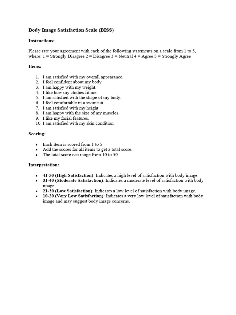 Body Image Satisfaction Scale (BISS) | PDF | Career & Growth | Self ...