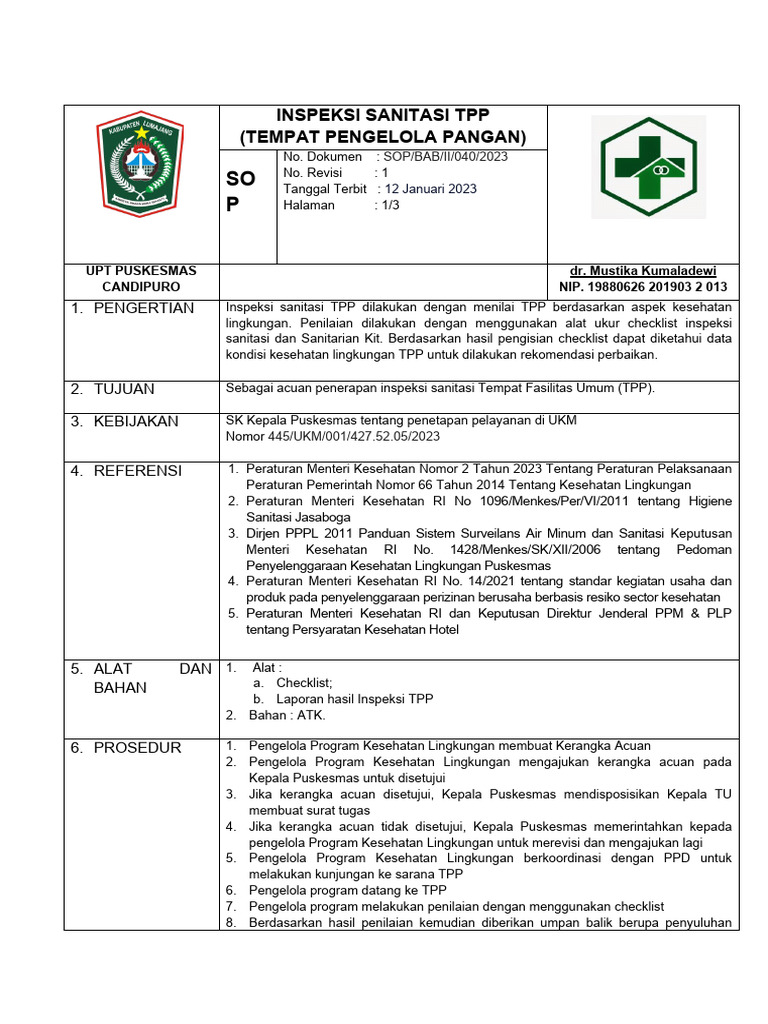 Sop Inspeksi TPP TPMrev | PDF