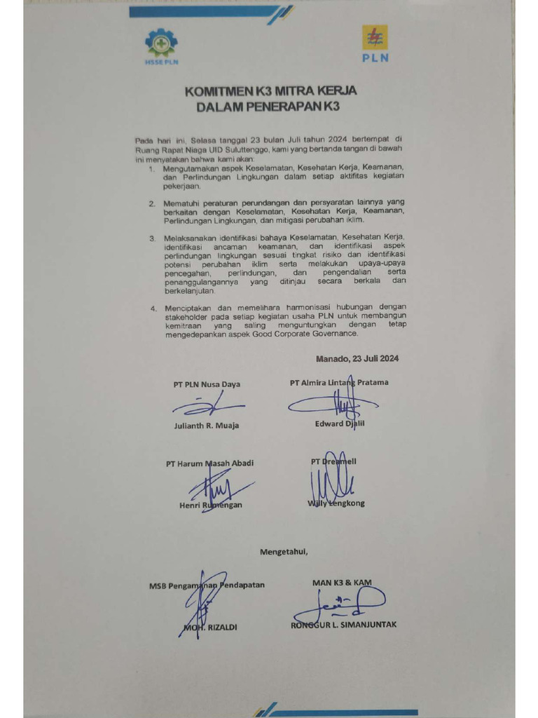 Komitmen K3 UID Suluttenggo | PDF