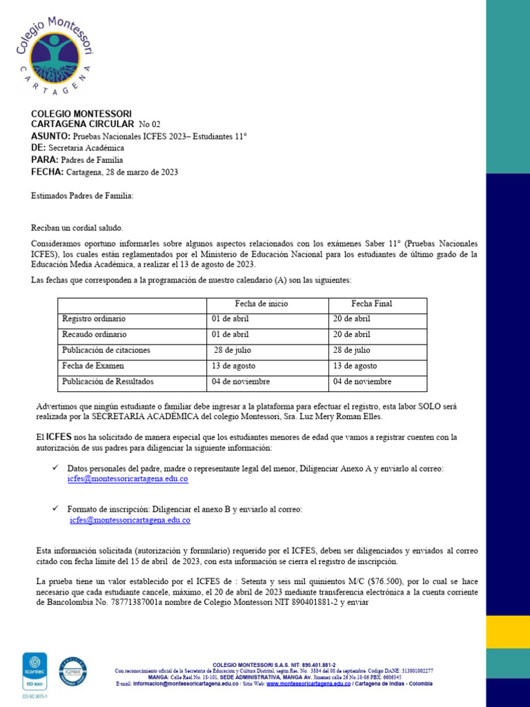 Circular Pruebas Nacionales (Icfes) Grado 11° - 2023 | PDF