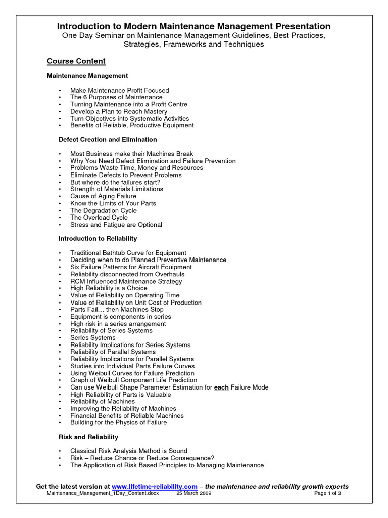 Modern Maintenance Management Seminar | PDF | Reliability Engineering ...