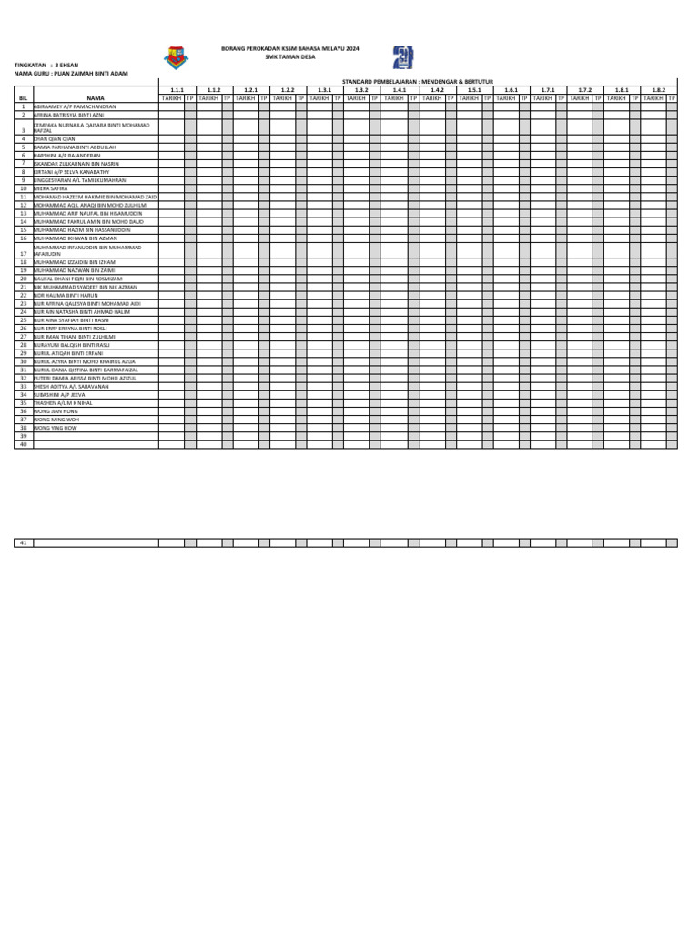 Borang Perekodan KSSM BM Ting 3 Ehsan SMKTD | PDF