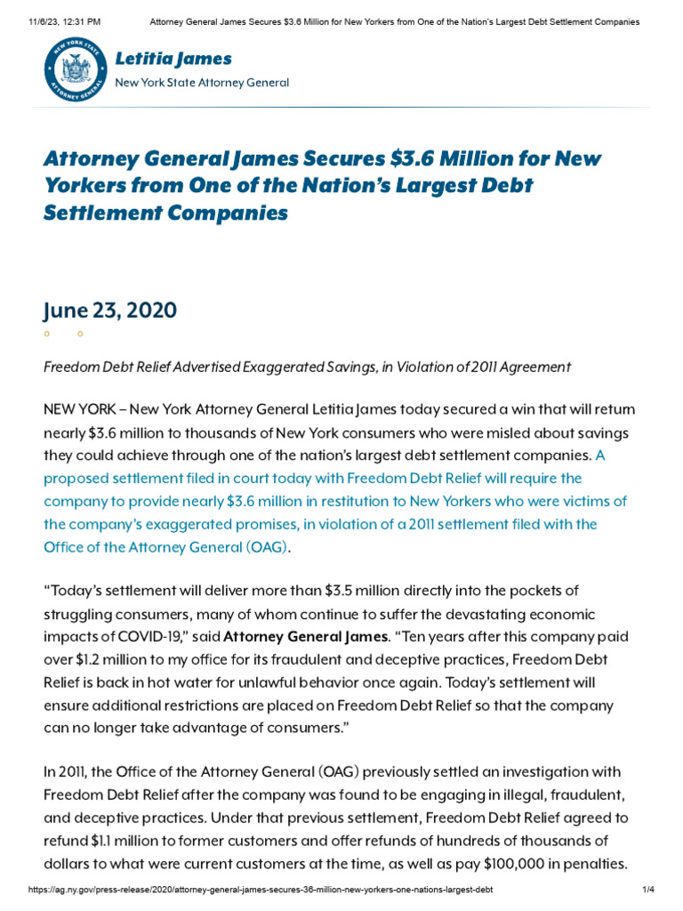Attorney General James Secures $3.6 Million For New Yorkers From One of ...