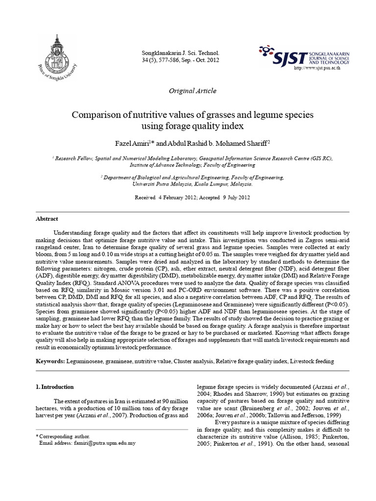 Comparison of Nutritive Values of Grasses and Legume Species Using ...