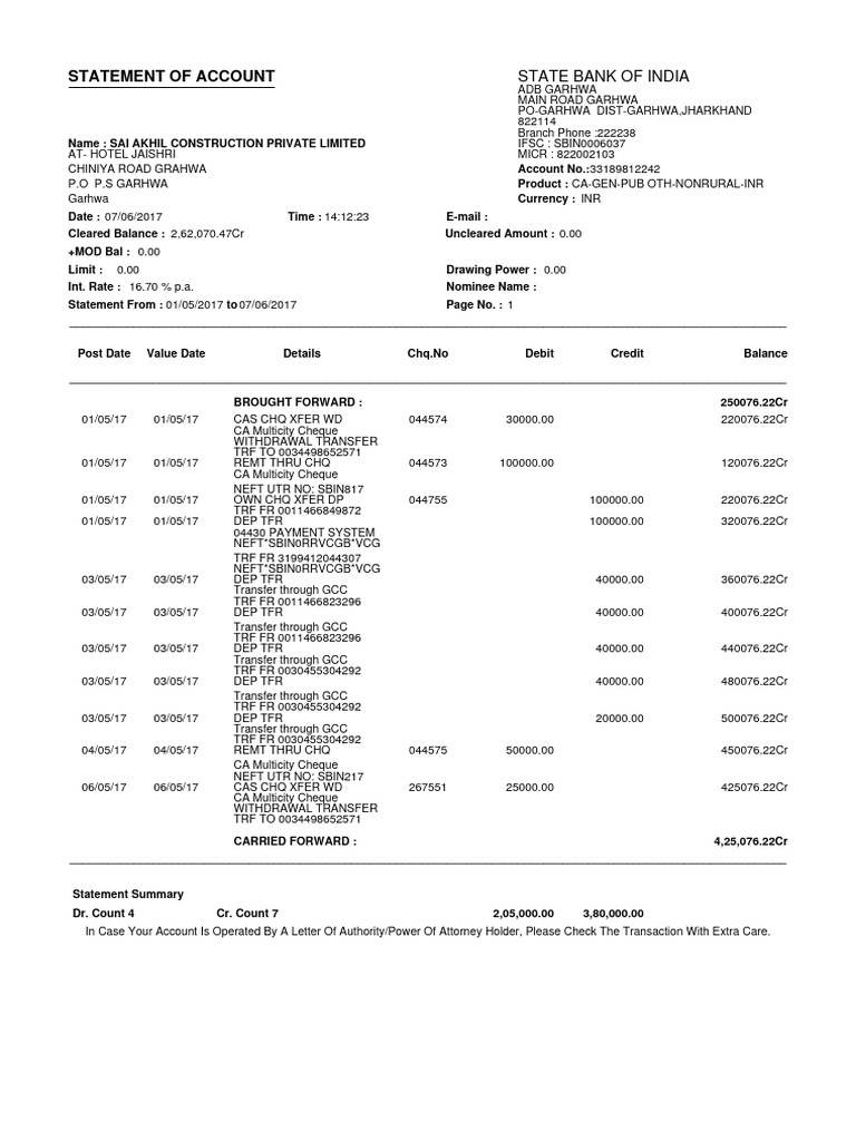 Statement of Account State Bank of India | PDF | Cheque | Economies