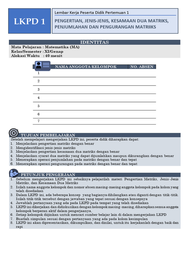 LKPD Penjumlahan Matriks | PDF