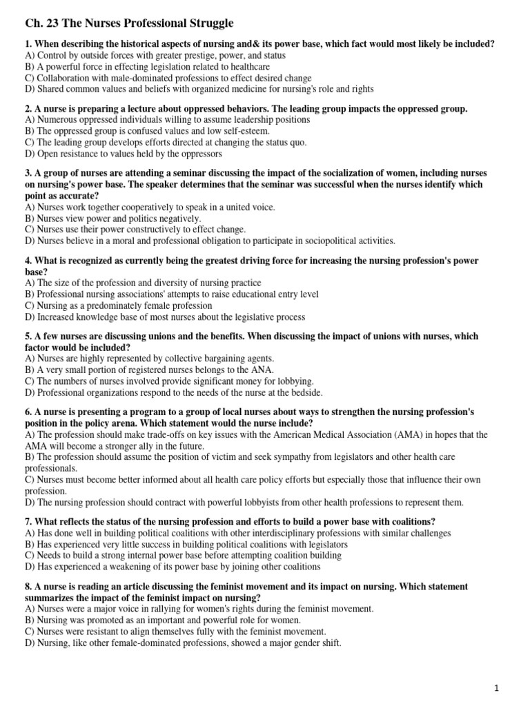 Ch. 23 The Nurses Professional Struggle - Questions and Rationale | PDF | Nursing | Gender Studies