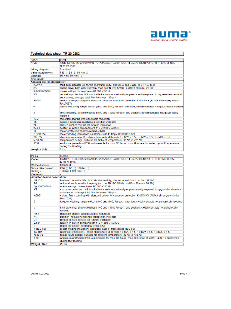 Auma Data Sheet For 60 NM - 240722 - 111454 | PDF
