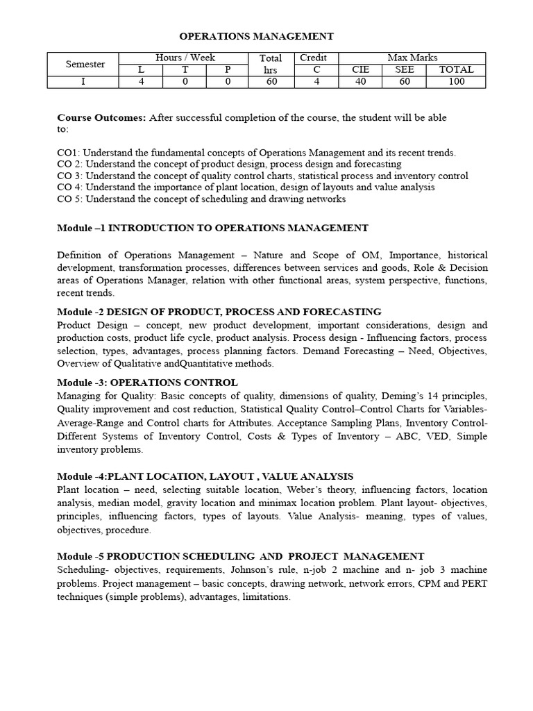 Operations Management Course Outline | PDF | Operations Management ...