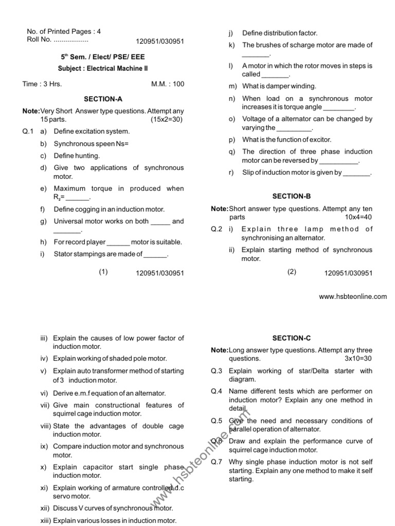 Ee Pse Eee 5 Sem Electrical Machine 2 120951 Dec 2017 | PDF | Electric ...