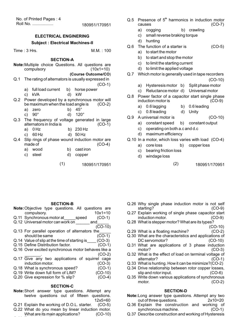 Electrical Machines II Exam Questions | PDF | Electric Motor | Machines
