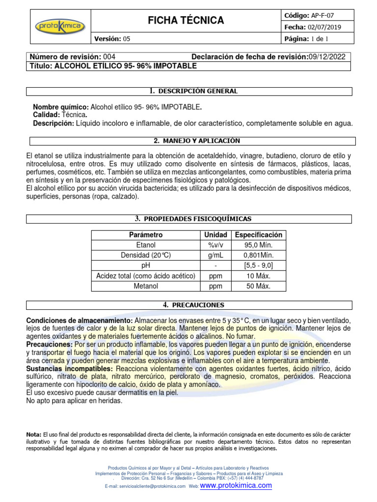 Alcohol Etílico 95-96%: Ficha Técnica | PDF | Etanol | Ácido