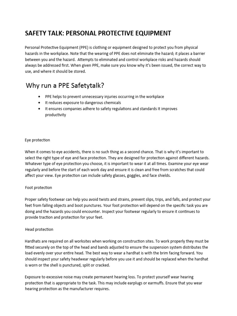 Personal Protective Equipment Safety Talk..... | PDF | Personal ...