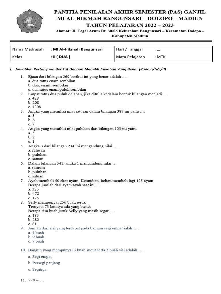 Pas Ganjil MTK Kelas 2 | PDF