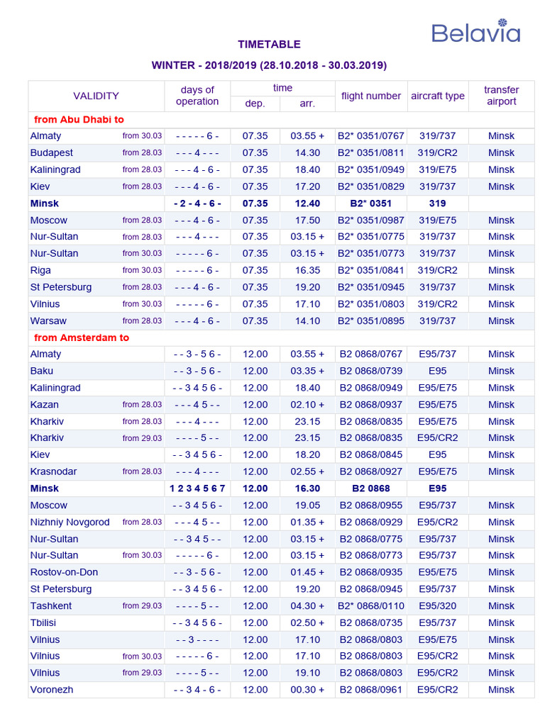 Belavia TimeTable - en - w18 - 19 | PDF