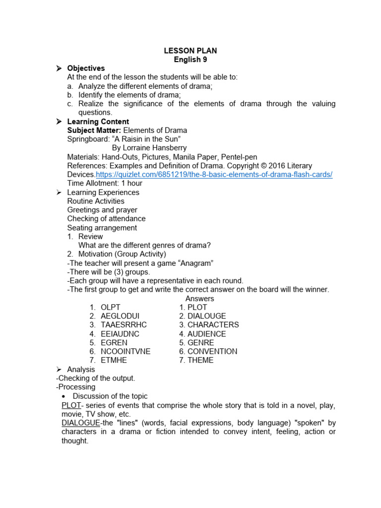 Lesson Plan Elements of Drama 1 120045 | PDF | Genre | Idea