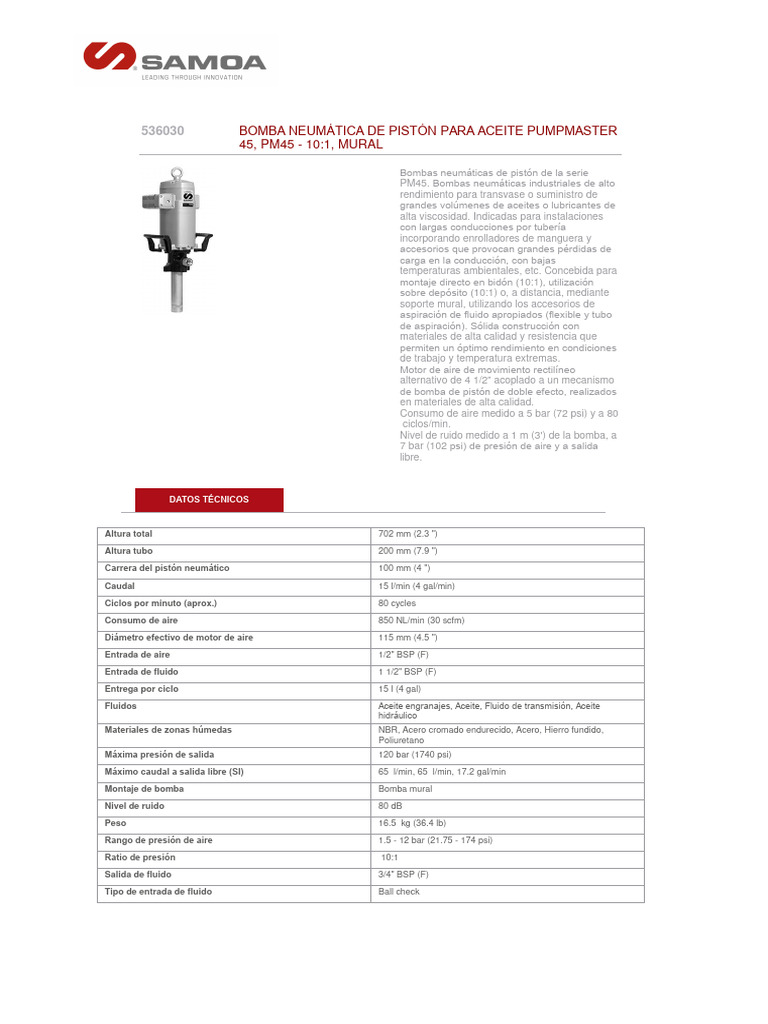 45, PM45 - 10:1, MURAL: Bomba Neumática de Pistón para Aceite ...