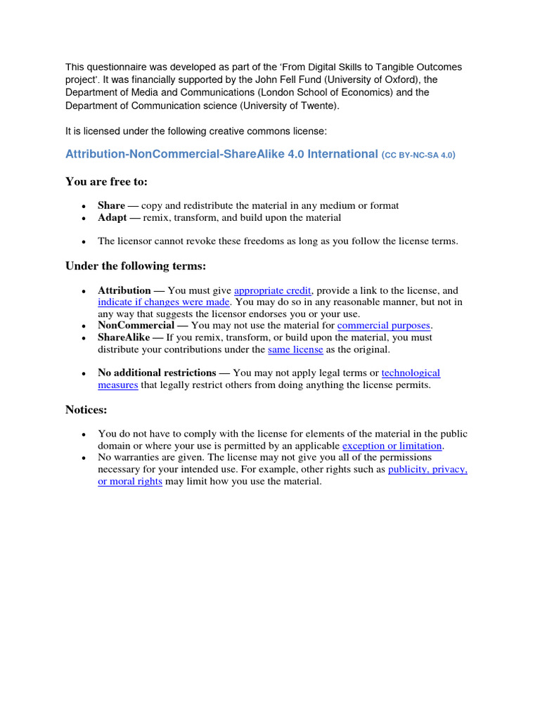 From Digital Skills To Tangible Outcomes Questionnaire | PDF | License ...