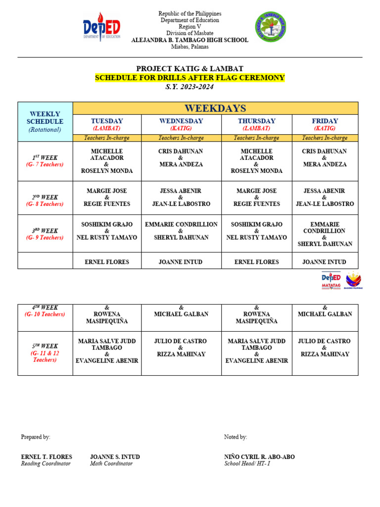 Weekly Drill Schedule for ALEJANDRA B. TAMBAGO | PDF