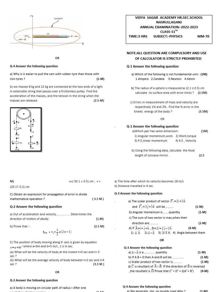 11TH Phy Final Q Paper | PDF | Angular Momentum | Force