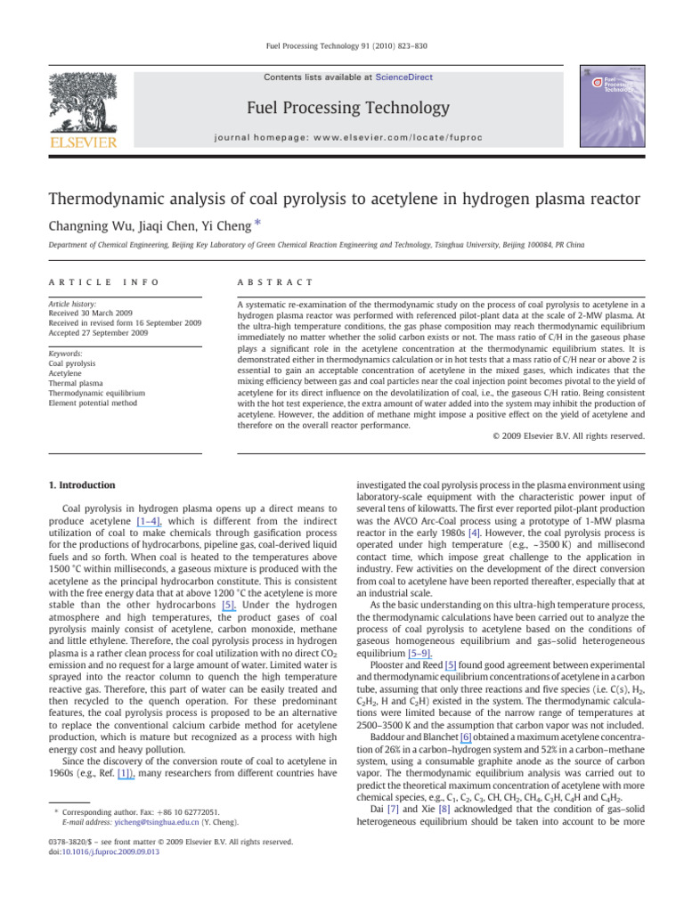 Thermodynamic Analysis of Coal Pyrolysis To Acetylene in Hydrogen ...