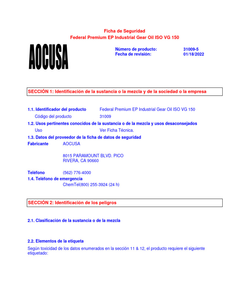 Ficha de Seguridad: Aceite Industrial ISO VG 150 | PDF | Química ...