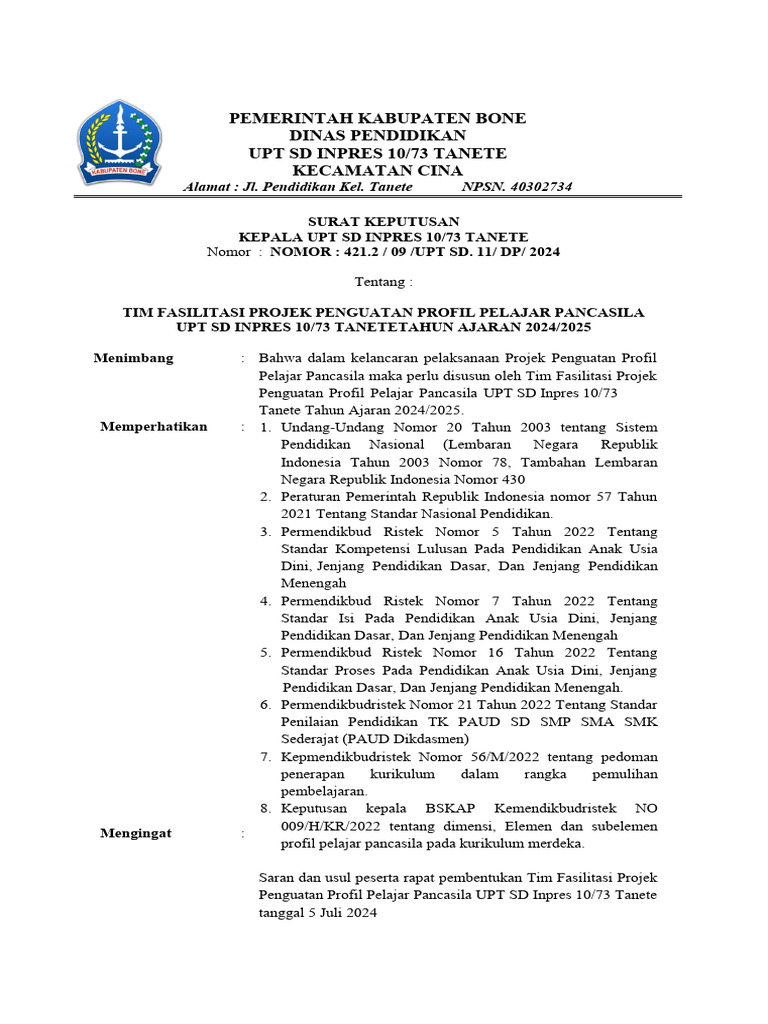 SK Tim Pengembang Projek Profil Pelajar Pancasila (p5) 2024 | PDF